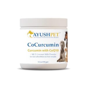 ayush pet cocurcumin with coq10, muscle and joint pet superfood powder, heart and digestion support, small or large animals, young and senior pet supplement by ayush herbs, 5.2 ounces