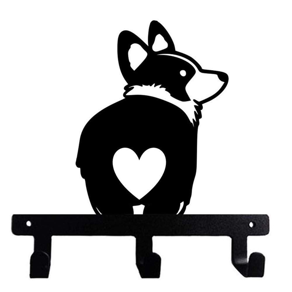 Corgi Cute Love Butt Fluffy Bum Heart Shaped Black Coated Metal Wall Leash Key Hook for Kitchen Bathroom Bedroom Garage Mud Room