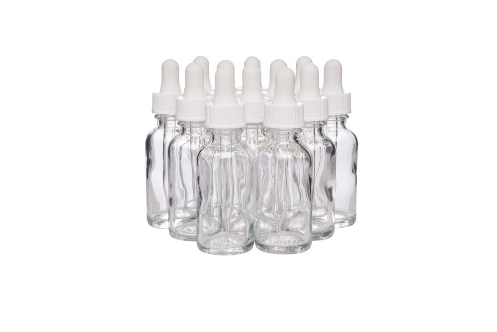 Focus Nutrition 12 Pack Clear Boston Round Essential Oils Aromatherapy Glass Jar With white dropper cap, 1ozF