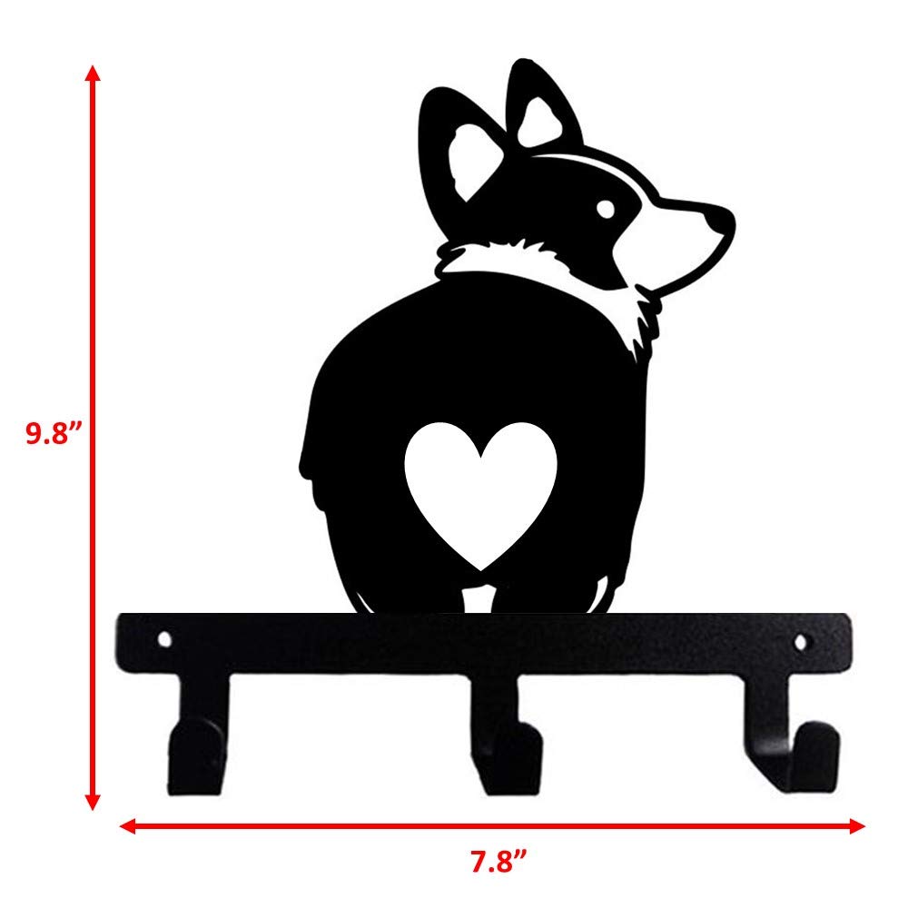 Corgi Cute Love Butt Fluffy Bum Heart Shaped Black Coated Metal Wall Leash Key Hook for Kitchen Bathroom Bedroom Garage Mud Room