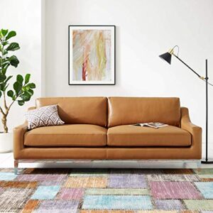 modway harness 83.5" leather sofa in tan with stainless steel base