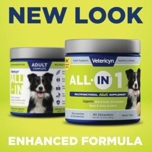 Vetericyn All-in 1 Multifunctional Dog Supplement | Digestive Enzymes + Glucosamine and Chondroitin for Bone and Joint Support + Vitamins, Antioxidants, Prebiotics, Probiotics, and Omegas. 90 Count