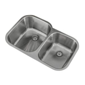 kabco kitchen sink, stainless, undermount, double bowl, 60/40, classic radius, bump-out left, 31-5/8" x 20-1/2" x 9"/8", floedge seamless drain