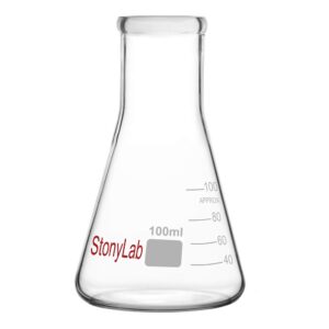 stonylab 1-pack glass 100 ml heavy wall narrow mouth erlenmeyer flasks with heavy duty rim - (100ml fits with stonylab 5# rubber stopper)