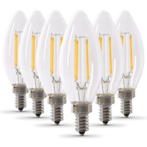 feit electric 60w equivalent candelabra led light bulb, dimmable, e12 base, 2700k soft white, b10 filament torpedo tip decorative lighting bulbs, 13-year lifetime, ctc60/927ca/fil/6, 6-pack