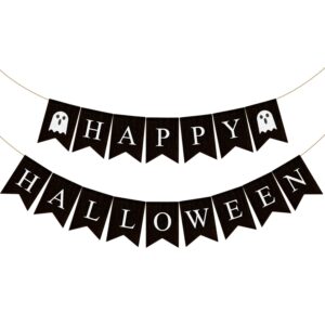 adurself happy halloween burlap banner with ghost elements halloween black white jute burlap garland mantel fireplace wall hanging for halloween party decor indoor outdoor decorations