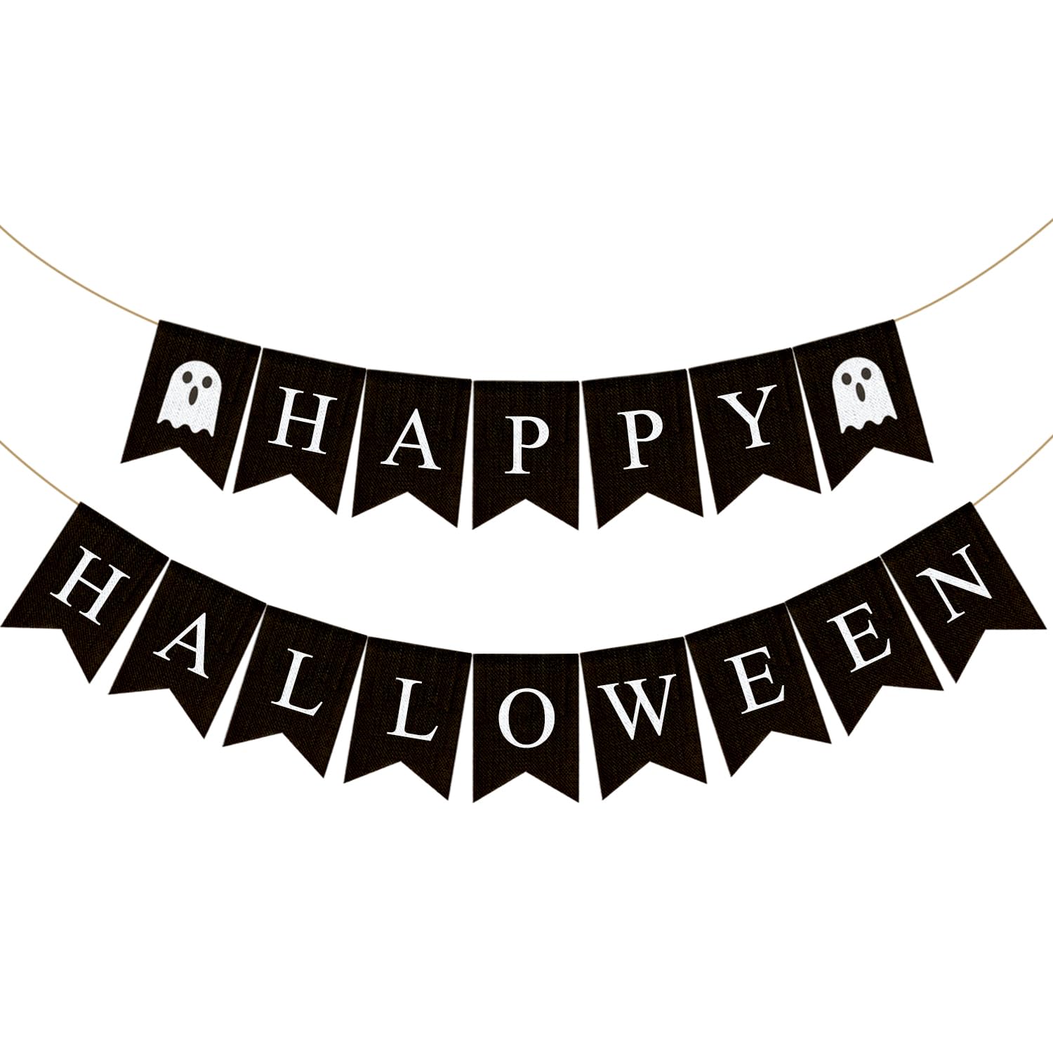 Adurself Happy Halloween Burlap Banner with Ghost Elements Halloween Black White Jute Burlap Garland Mantel Fireplace Wall Hanging for Halloween Party Decor Indoor Outdoor Decorations