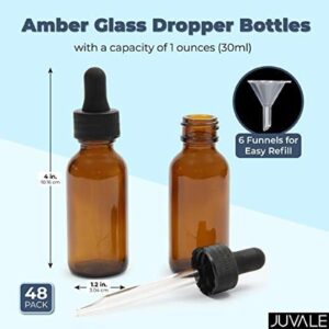 Juvale 48 Count 1 oz Amber Glass Dropper Bottles and 6 Funnels for Essential Oils and Perfumes (30 ml, 54 Pieces)