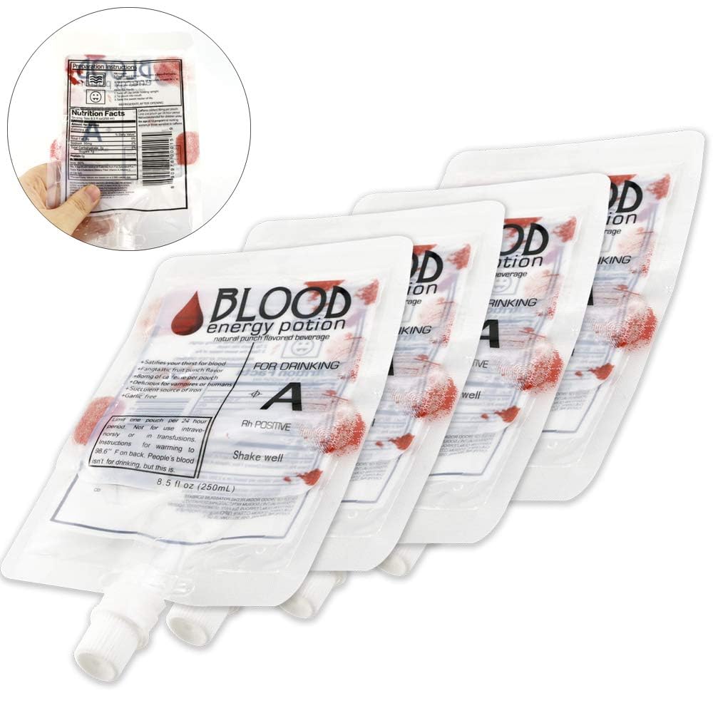 Nexxxi 20 Pack Halloween Blood Bags Reusable Food Grade Bags 8.5oz with Cap for Drinks Halloween Party Favors, Nurses Day Party Decorations