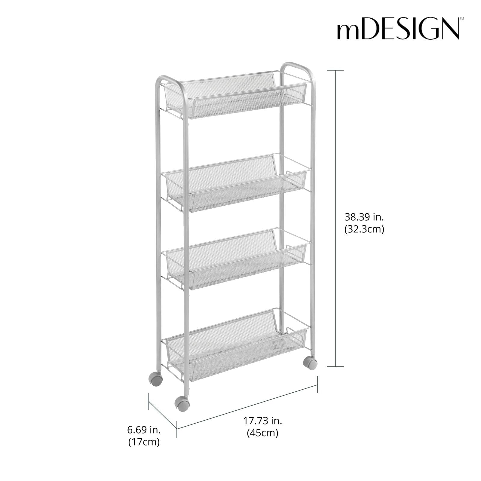 mDesign Slim Steel Metal Rolling Utility Cart Storage Organizer Trolley with 4 Basket Shelves for Laundry Room, Kitchen, Bathroom Organization - Narrow Holder for Detergent - Biro Collection, Silver