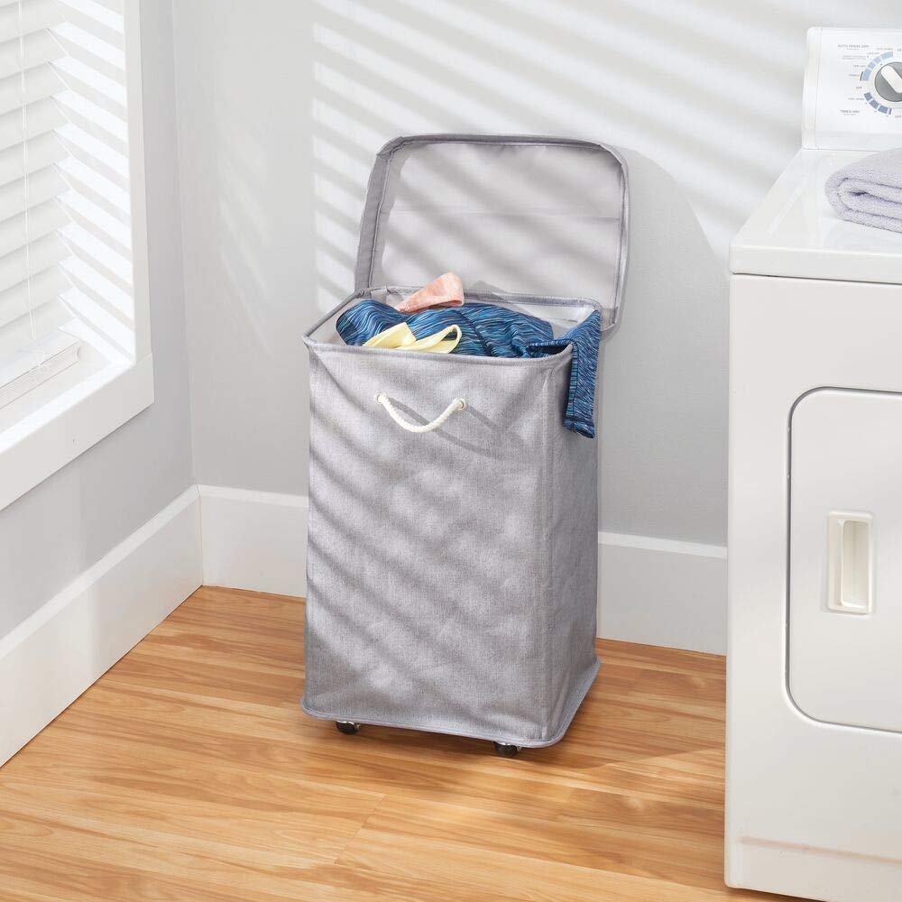 mDesign Large Polyester Rolling Laundry Hamper with Wheels, Removable Lid, and Rope Carrying Handles - Collapsible Hampers with Wheels for Compact Storage - Tall Single Compartment Basket - Gray