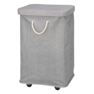 mdesign large polyester rolling laundry hamper with wheels, removable lid, and rope carrying handles - collapsible hampers with wheels for compact storage - tall single compartment basket - gray