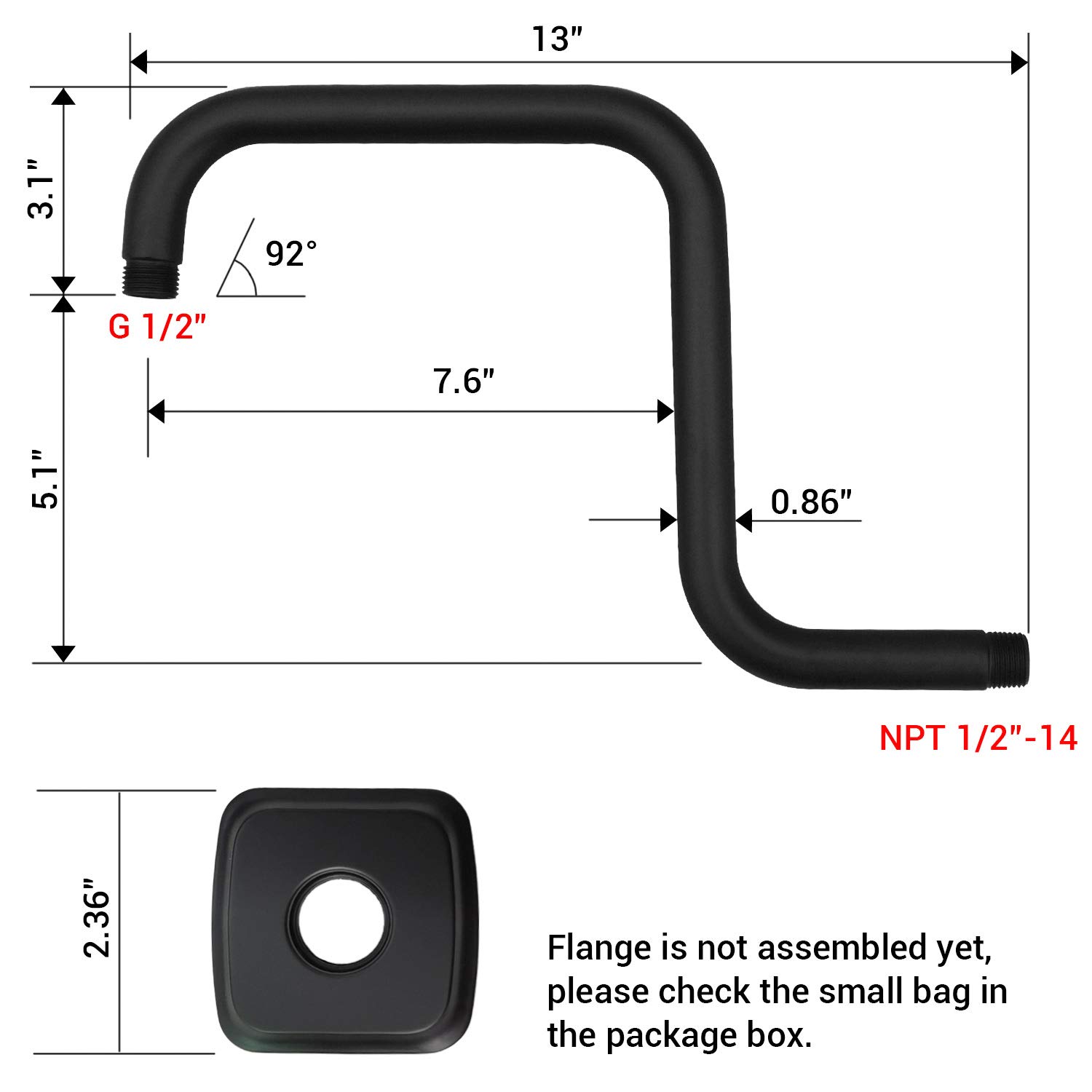 TRUSTMI 13 Inch S Shape Shower Arm with Flange, Solid Stainless Steel Heavy Duty High Rise Shower Pipe Replacement, Matte Black