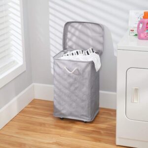 mDesign Large Polyester Rolling Laundry Hamper with Wheels, Removable Lid, and Rope Carrying Handles - Collapsible Hampers with Wheels for Compact Storage - Tall Single Compartment Basket - Gray