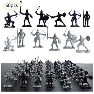 Odowalker 60 Pieces Ancient Soldier Figures Toy Middle Ages Army Infantry Archer Warriors Sword and Shield Swordman Archaic Soldiers Medieval Soldiers Model Military Figures Toy Sliver Black