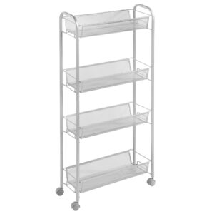 mDesign Slim Steel Metal Rolling Utility Cart Storage Organizer Trolley with 4 Basket Shelves for Laundry Room, Kitchen, Bathroom Organization - Narrow Holder for Detergent - Biro Collection, Silver