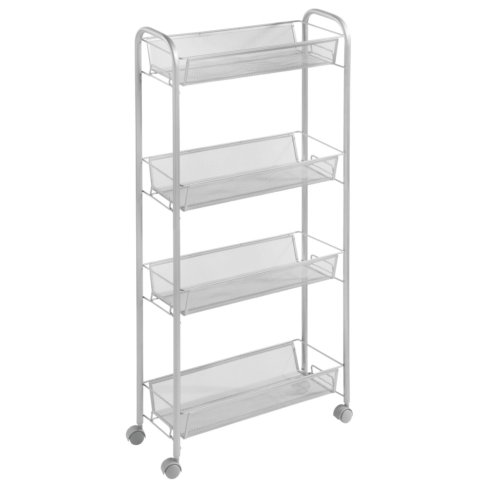 mDesign Slim Steel Metal Rolling Utility Cart Storage Organizer Trolley with 4 Basket Shelves for Laundry Room, Kitchen, Bathroom Organization - Narrow Holder for Detergent - Biro Collection, Silver