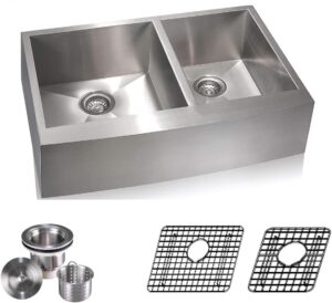 kabco 33 inch double bowl undermount apron front farmhouse kitchen sink, sound and heatproof 16 gauge rust resistant stainless steel farmhouse sink with sink strainer, garbage basket and sink grids