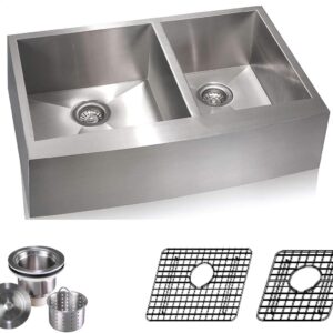 KABCO 33 Inch Double Bowl Undermount Apron Front Farmhouse Kitchen Sink, Sound and Heatproof 16 Gauge Rust Resistant Stainless Steel Farmhouse Sink with Sink Strainer, Garbage Basket and Sink Grids