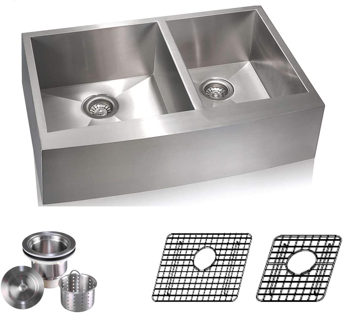 KABCO 33 Inch Double Bowl Undermount Apron Front Farmhouse Kitchen Sink, Sound and Heatproof 16 Gauge Rust Resistant Stainless Steel Farmhouse Sink with Sink Strainer, Garbage Basket and Sink Grids