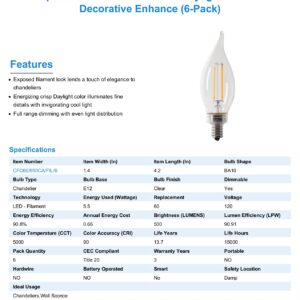 Feit Electric 60W Equivalent Candelabra LED Light Bulb, Dimmable, E12 Base, 2700K Soft White, B10 Filament Torpedo Tip Decorative Lighting Bulbs, 13-Year Lifetime, CTC60/927CA/FIL/6, 6-Pack