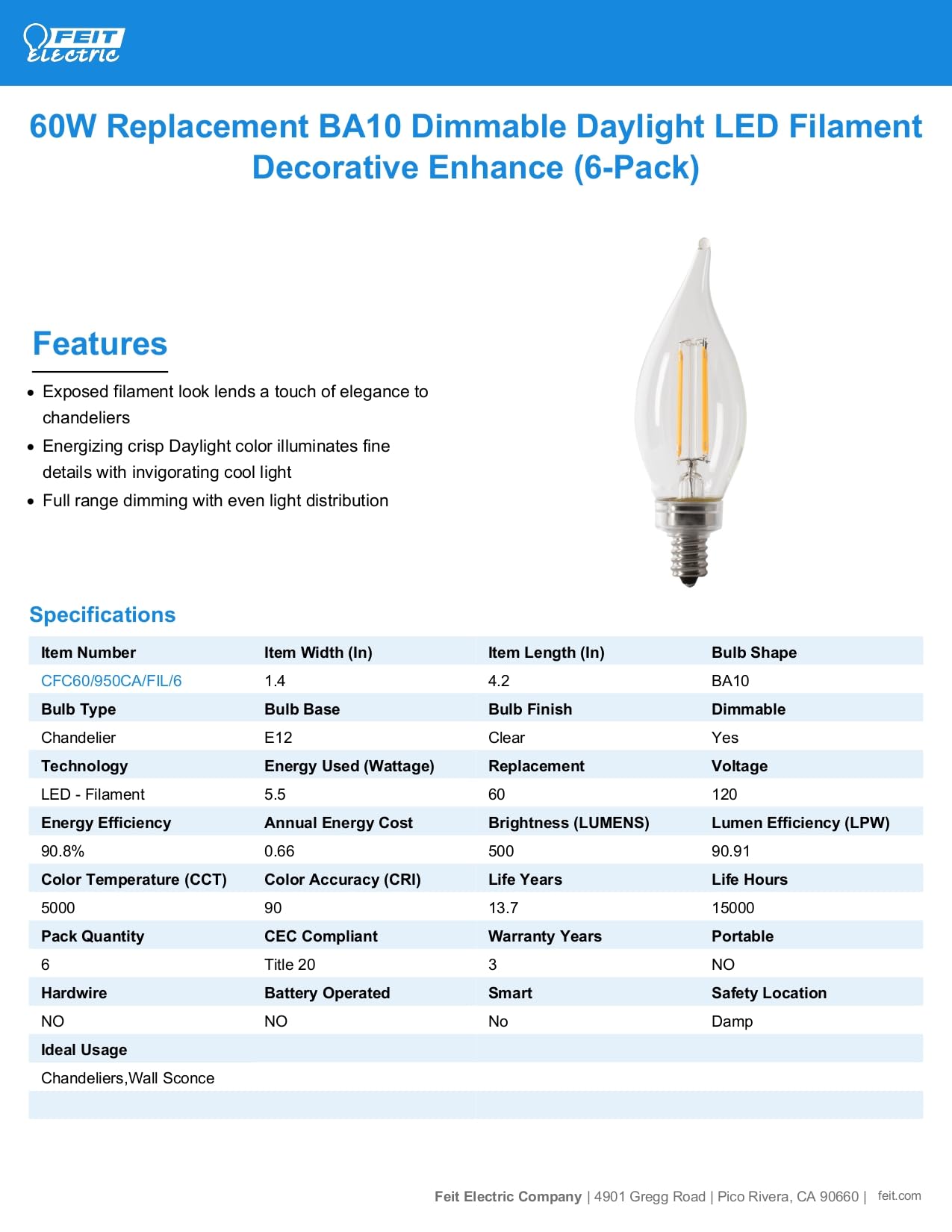 Feit Electric 60W Equivalent Candelabra LED Light Bulb, Dimmable, E12 Base, 2700K Soft White, B10 Filament Torpedo Tip Decorative Lighting Bulbs, 13-Year Lifetime, CTC60/927CA/FIL/6, 6-Pack