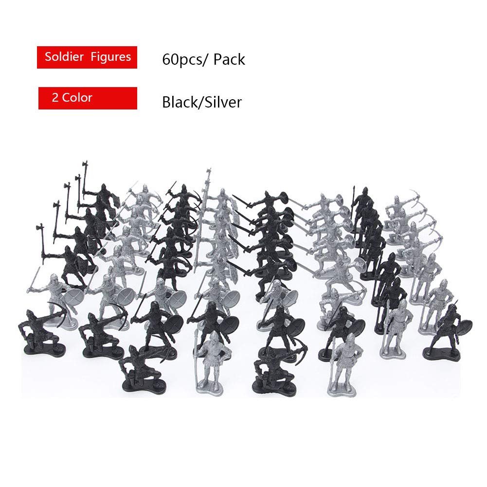 Odowalker 60 Pieces Ancient Soldier Figures Toy Middle Ages Army Infantry Archer Warriors Sword and Shield Swordman Archaic Soldiers Medieval Soldiers Model Military Figures Toy Sliver Black