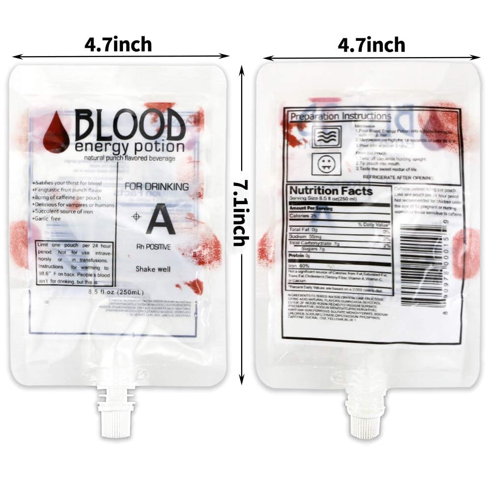 Nexxxi 20 Pack Halloween Blood Bags Reusable Food Grade Bags 8.5oz with Cap for Drinks Halloween Party Favors, Nurses Day Party Decorations