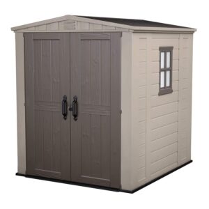 keter 213562 factor 6 x 6 all weather resistant resin outdoor storage shed 2 shelves included and built-in ventilation, beige and brown