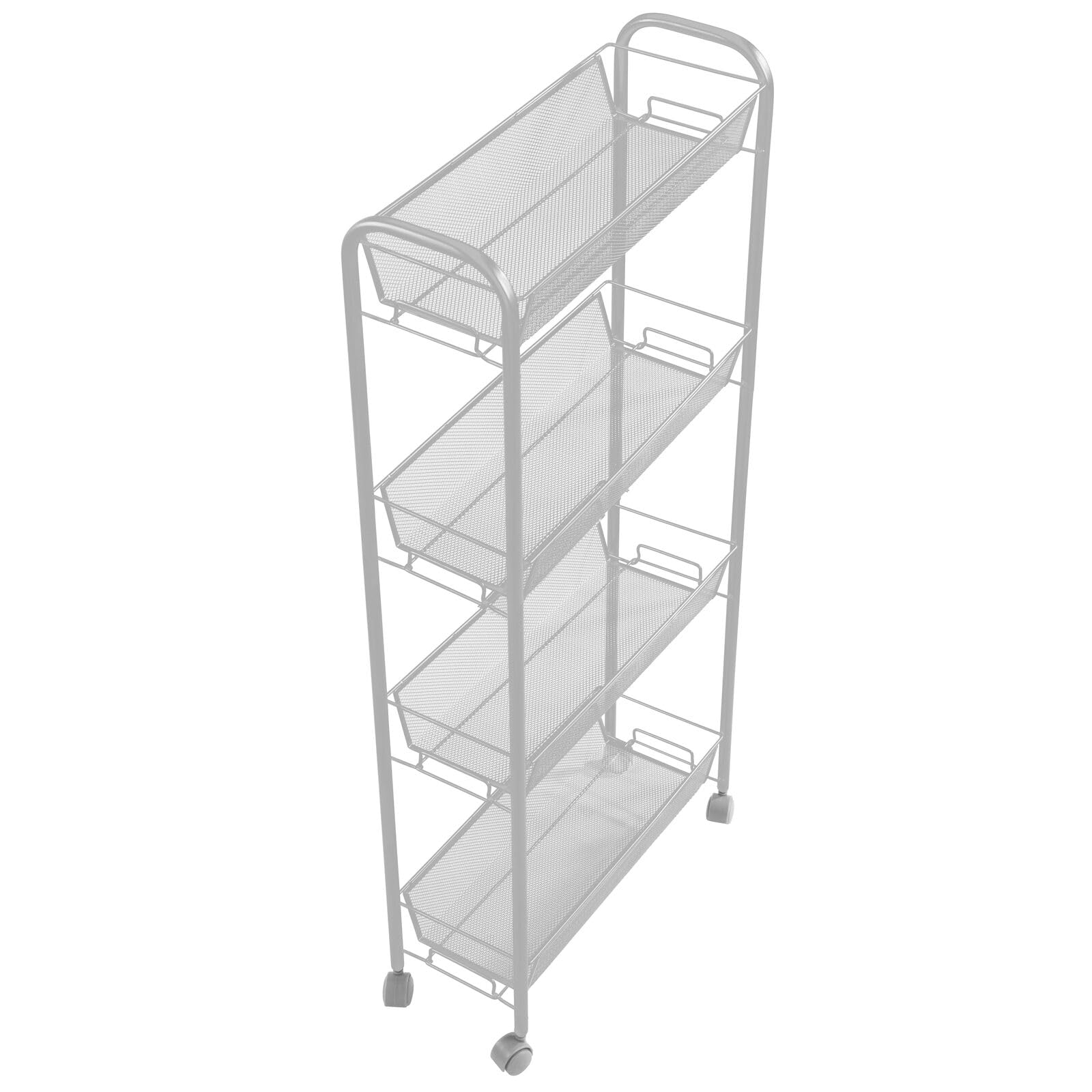 mDesign Slim Steel Metal Rolling Utility Cart Storage Organizer Trolley with 4 Basket Shelves for Laundry Room, Kitchen, Bathroom Organization - Narrow Holder for Detergent - Biro Collection, Silver