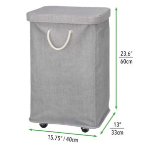 mDesign Large Polyester Rolling Laundry Hamper with Wheels, Removable Lid, and Rope Carrying Handles - Collapsible Hampers with Wheels for Compact Storage - Tall Single Compartment Basket - Gray