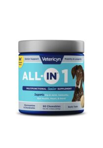 vetericyn all-in 1 multifunctional senior dog supplement | digestive enzymes + glucosamine chondroitin for hip and joint support + vitamins, antioxidants, prebiotics, probiotics, and omegas. 90 count