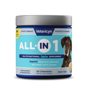 Vetericyn All-in 1 Multifunctional Senior Dog Supplement | Digestive Enzymes + Glucosamine Chondroitin for Hip and Joint Support + Vitamins, Antioxidants, Prebiotics, Probiotics, and Omegas. 90 Count