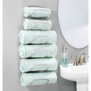 mDesign Steel Towel Holder for Bathroom Wall - Wall Mounted Organizer for Rolled Towels and Bath Robes - Six Level Wall Mount Towel Storage Rack - Bathroom Towel Organizer - Hyde Collection - Stone