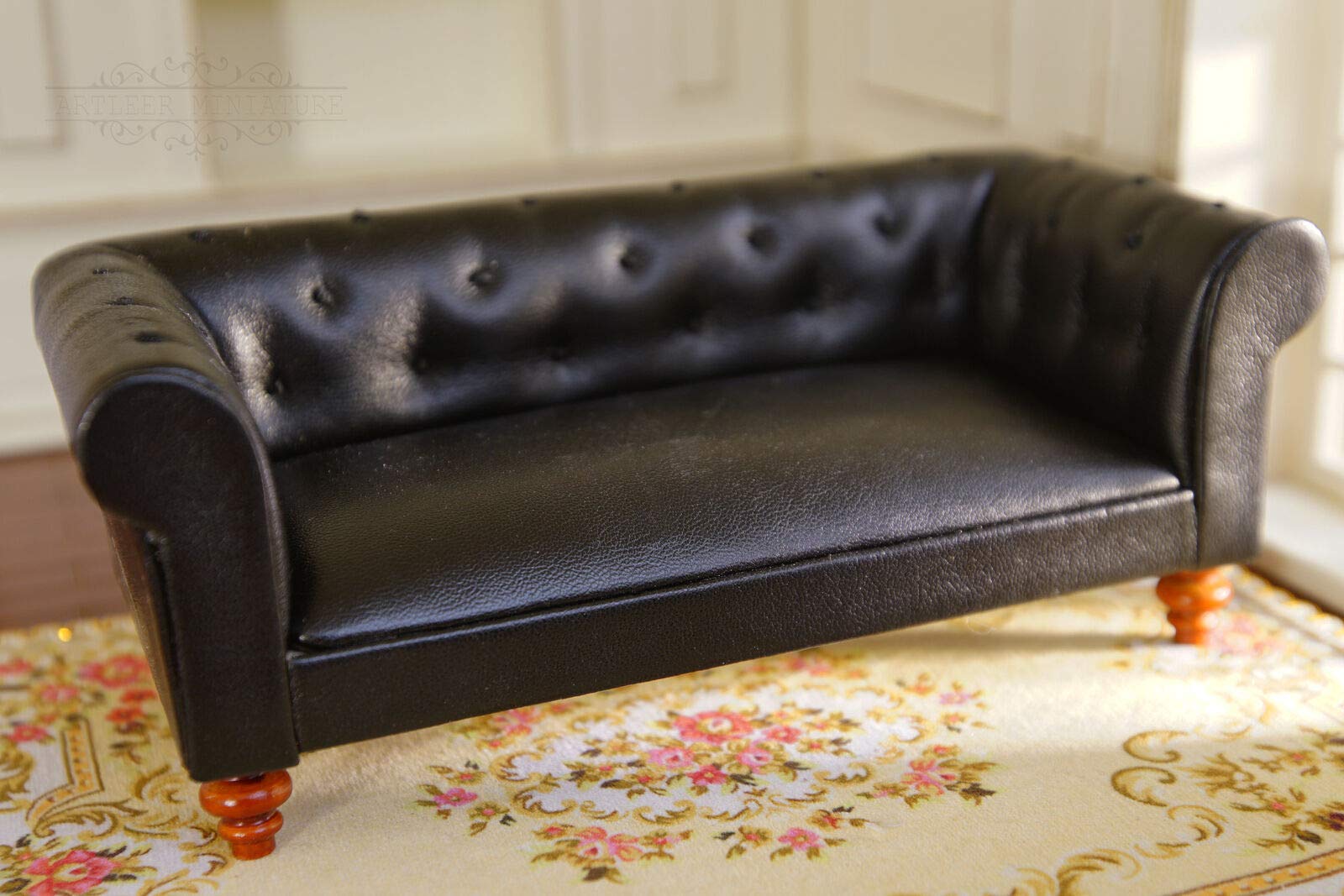 ARTLEER 1/12 Furniture Long Sofa Office Sofa Leather Black Handmade Exquisite Deluxe SF148