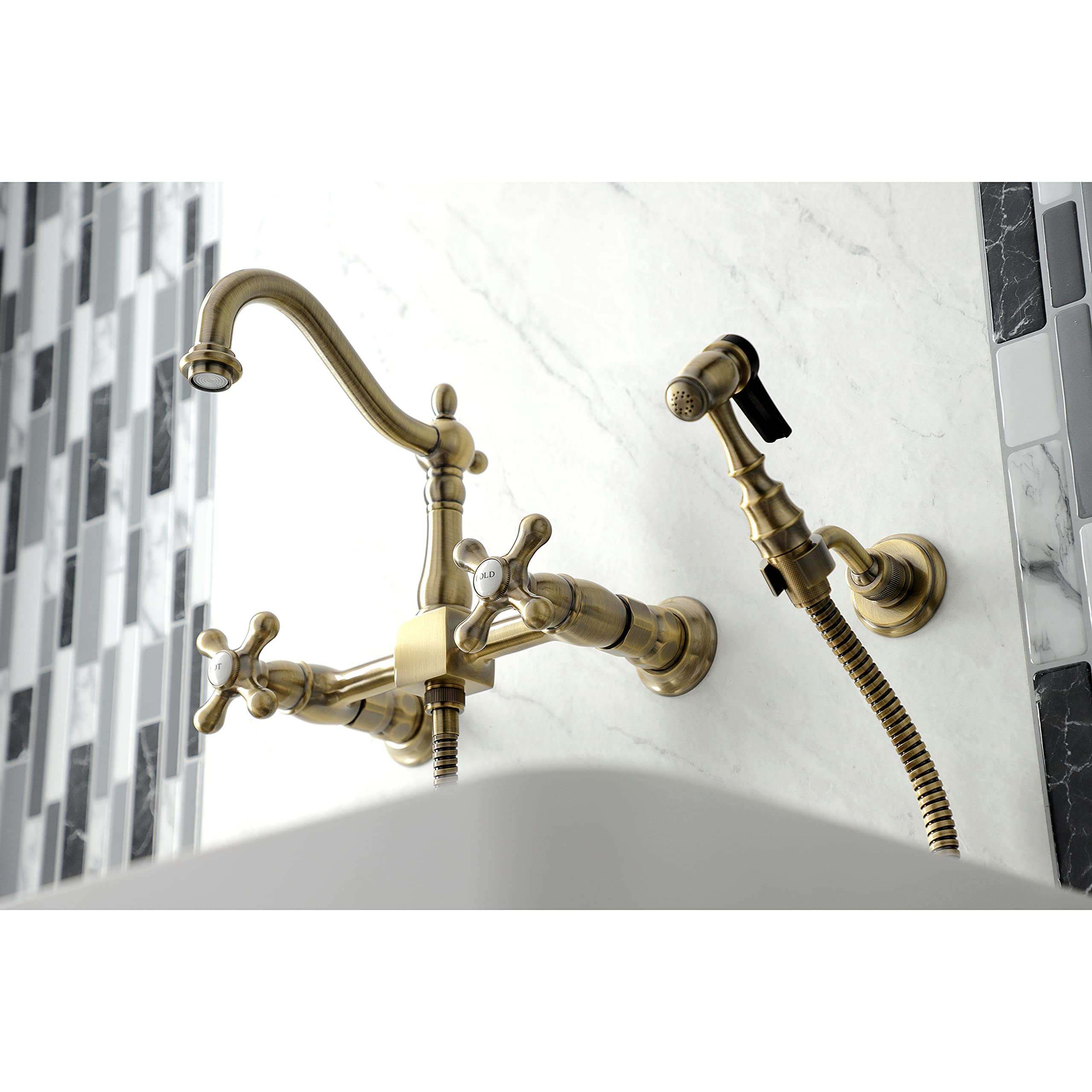 Kingston Brass KS1263AXBS Heritage Bridge Kitchen Faucet, Antique Brass