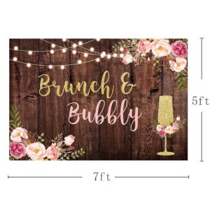 MEHOFOND 7x5ft Brunch and Bubbly Bridal Shower Party Backdrop Studio Photography Rustic Brown Wood Glitter Rose Pink Floral Gold Champagne Background Rustic Wedding Decor Banner Photo Booth