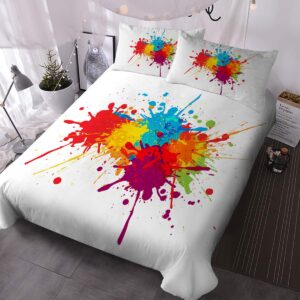 blessliving bright colorful rainbow bedding set 3 pieces girls paint splatter abstract white duvet cover pop art home decor bedroom set (twin)