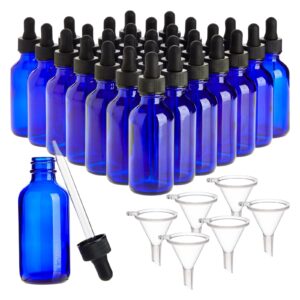 30 pack 2 oz blue glass eye dropper bottles with 6 funnels for essential oils, travel aromatherapy perfume, liquid cosmetics (36 pieces)