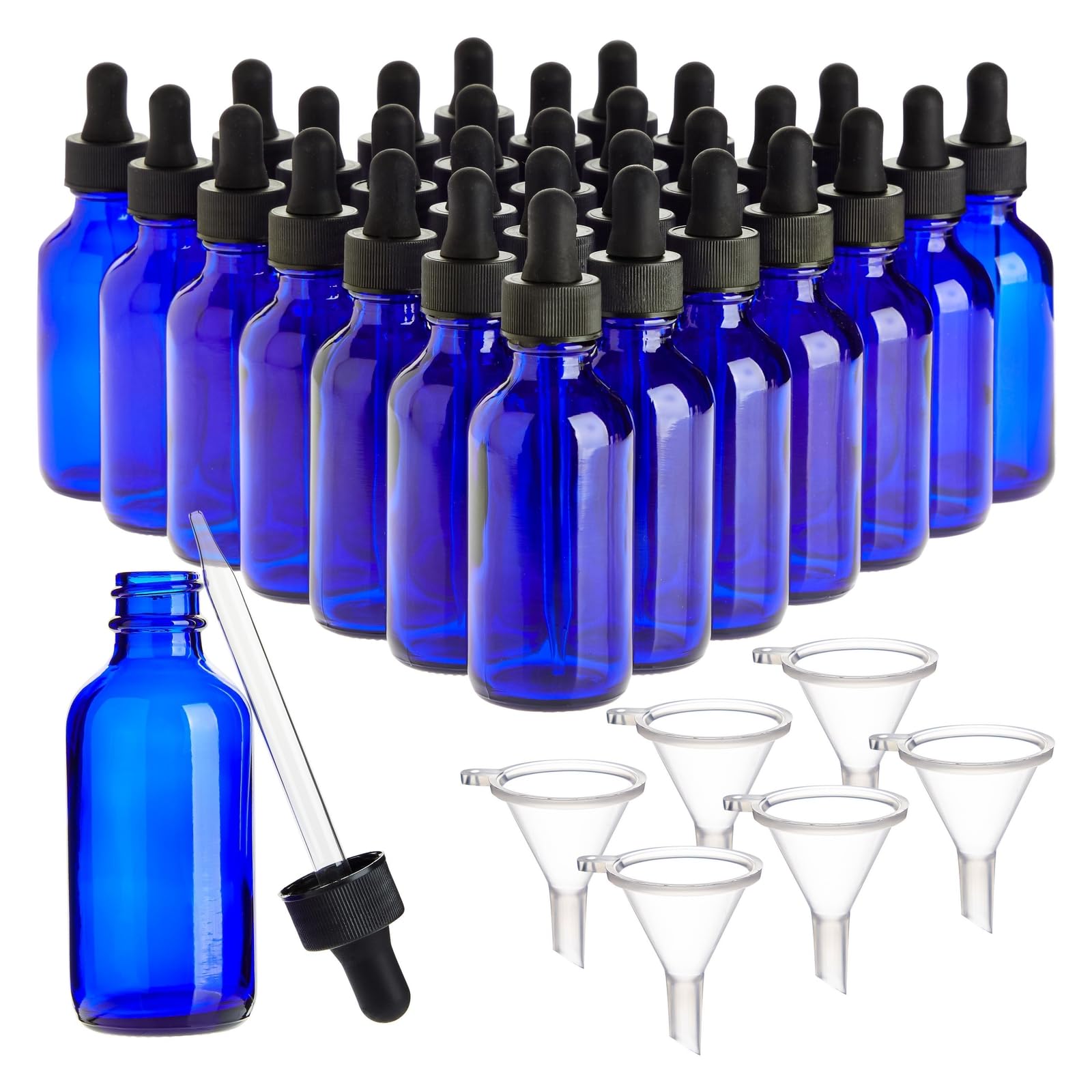 30 Pack 2 Oz Blue Glass Eye Dropper Bottles with 6 Funnels for Essential Oils, Travel Aromatherapy Perfume, Liquid Cosmetics (36 Pieces)