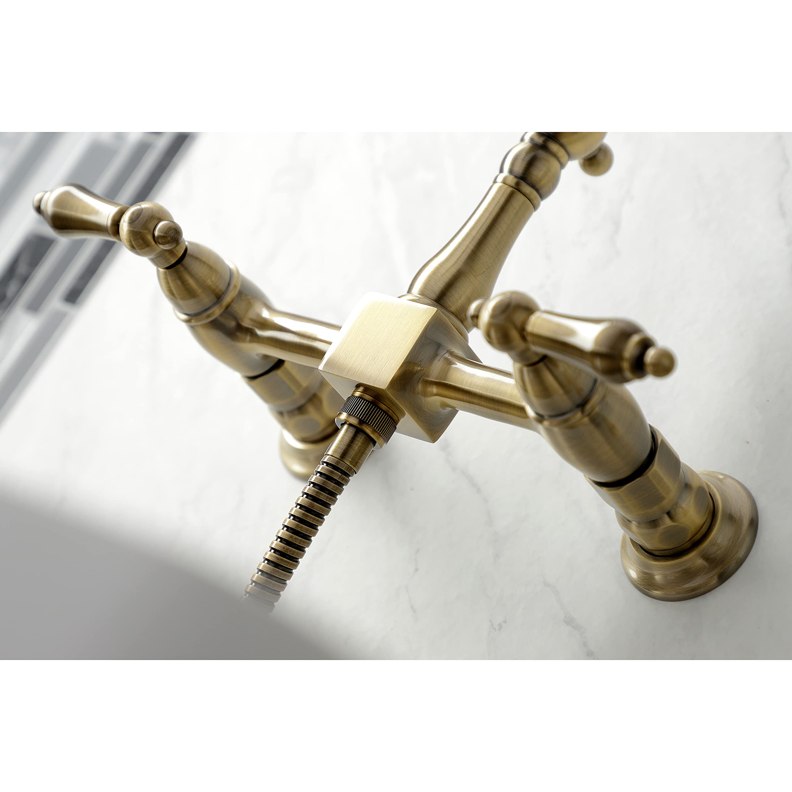 Kingston Brass KS1263ALBS Heritage Bridge Kitchen Faucet, Antique Brass