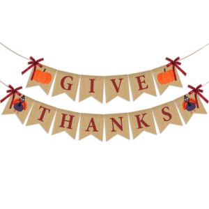 give thanks burlap banner| thanksgiving burlap banner thanksgiving decorations| rustic thanksgiving turkey pumpkin bunting| thanksgiving party supplies fireplace mantle decor