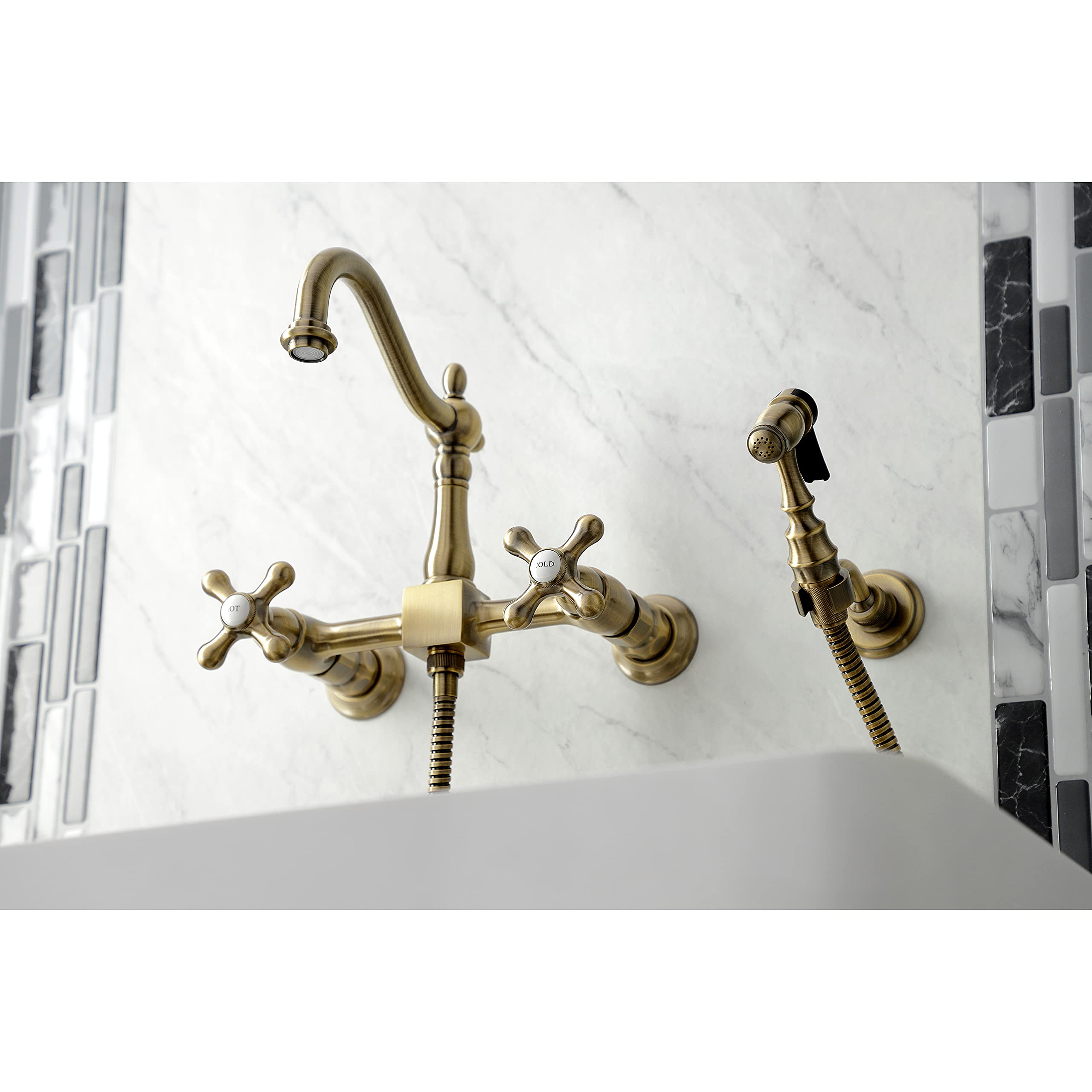 Kingston Brass KS1263AXBS Heritage Bridge Kitchen Faucet, Antique Brass