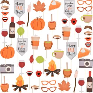 52 pieces happy fall yall photo booth props kit thanksgiving day harvest festival pumpkin party diy costumes props with wooden sticks for party decorations