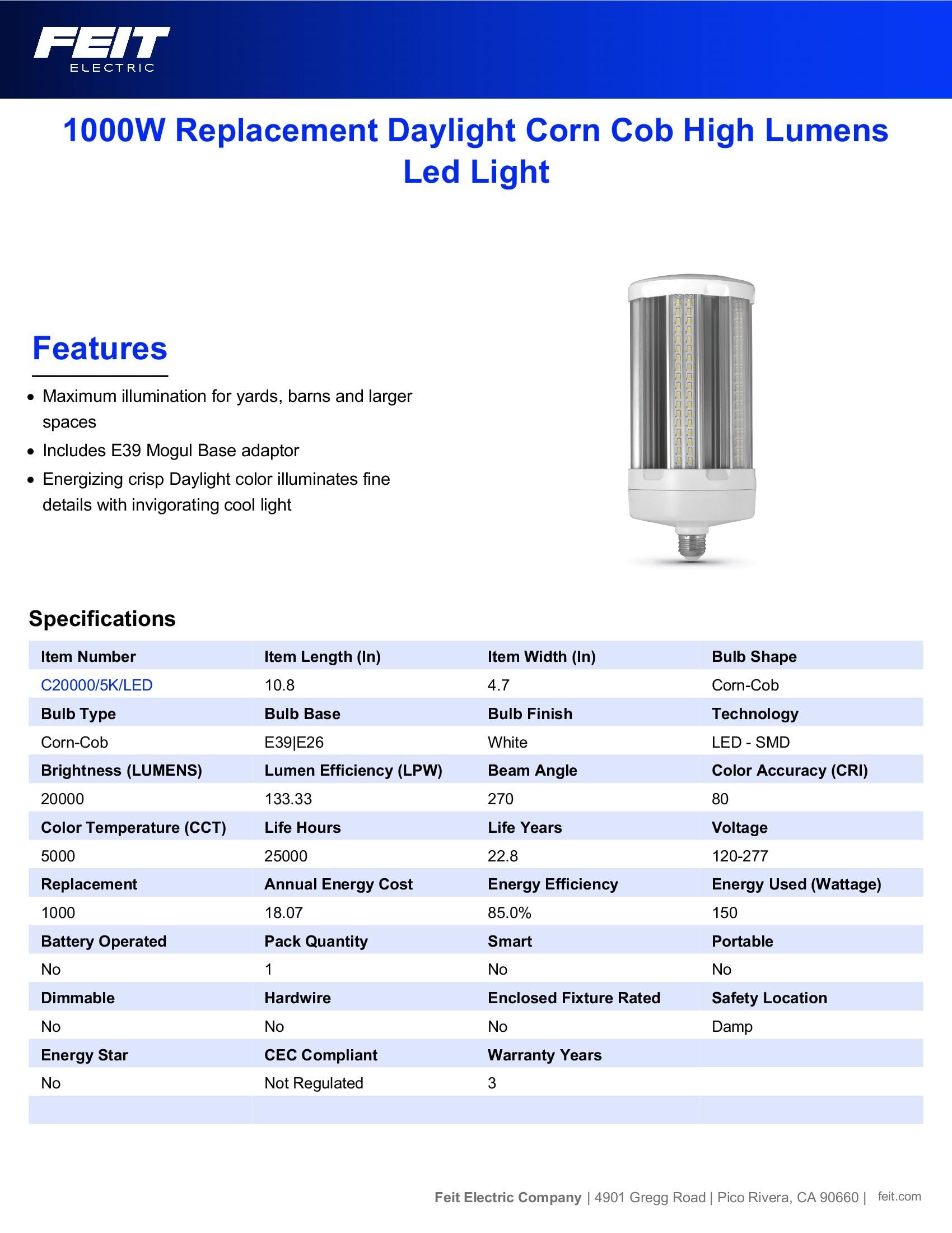 Feit Electric C20000/5K/LED 1000 Watt Equivalent 175W Corn Cob High 20,000 Lumen LED Light Bulb, 13.4"H x 5.3"D, Daylight 5000K