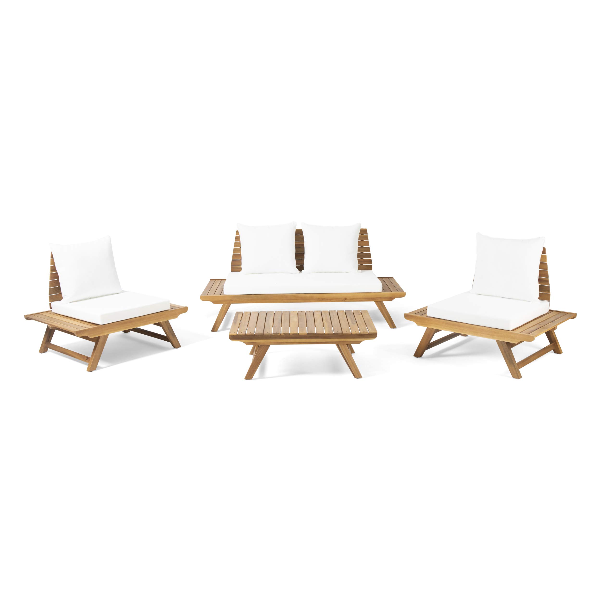 Great Deal Furniture Outdoor Acacia Wood 4 Seater Chat Set, Teak and White