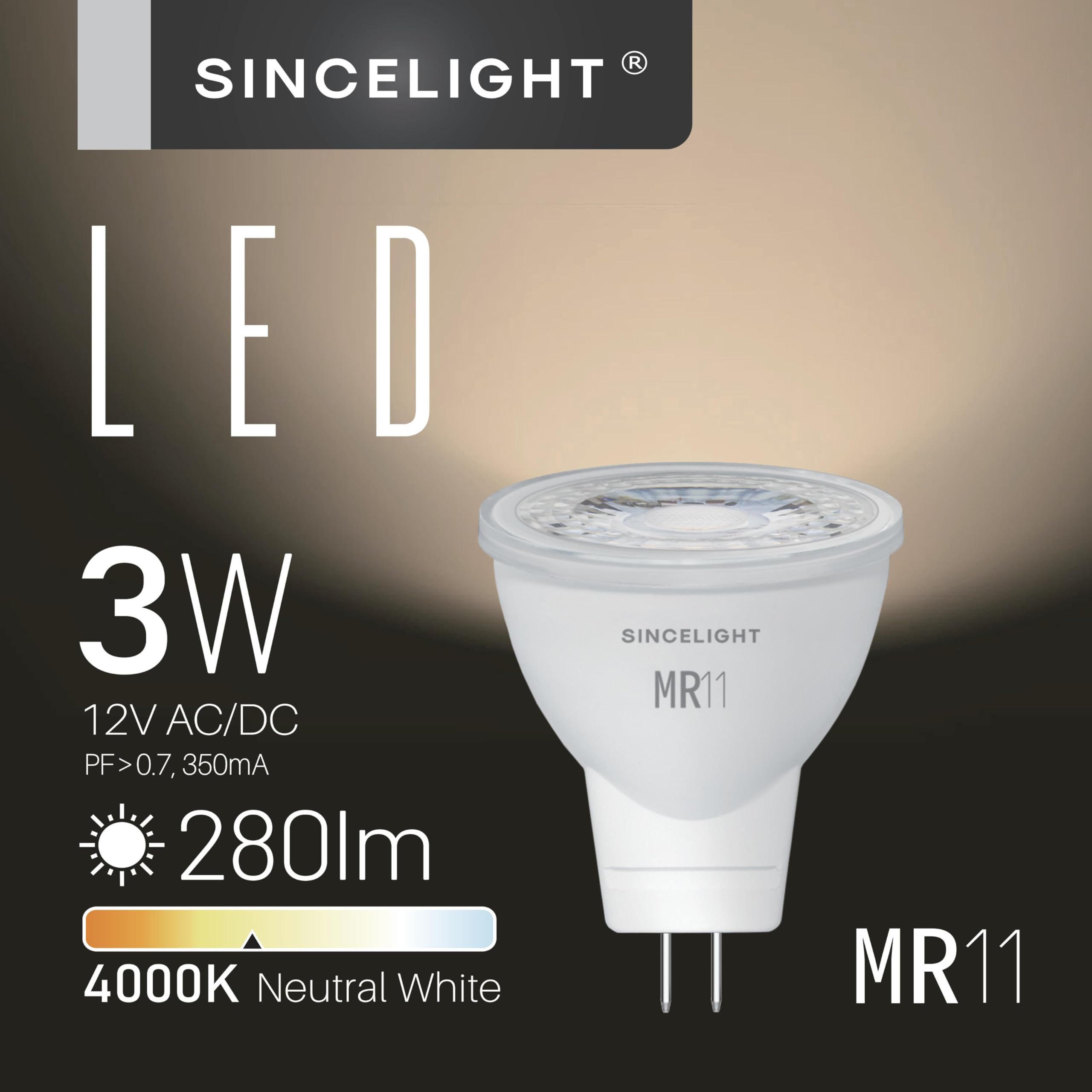 SINCELIGHT 12V MR11 GU4 LED Small Reflector Ø35mm Spot Light Bulb with GU4 Base, 3W, 280 Lumens, 25W Halogen Equivalent, 4000K (Neutral White) High Color Rending RA≈92, 35°Beam Angle, Pack of 6