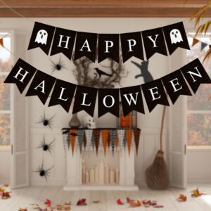 Adurself Happy Halloween Burlap Banner with Ghost Elements Halloween Black White Jute Burlap Garland Mantel Fireplace Wall Hanging for Halloween Party Decor Indoor Outdoor Decorations