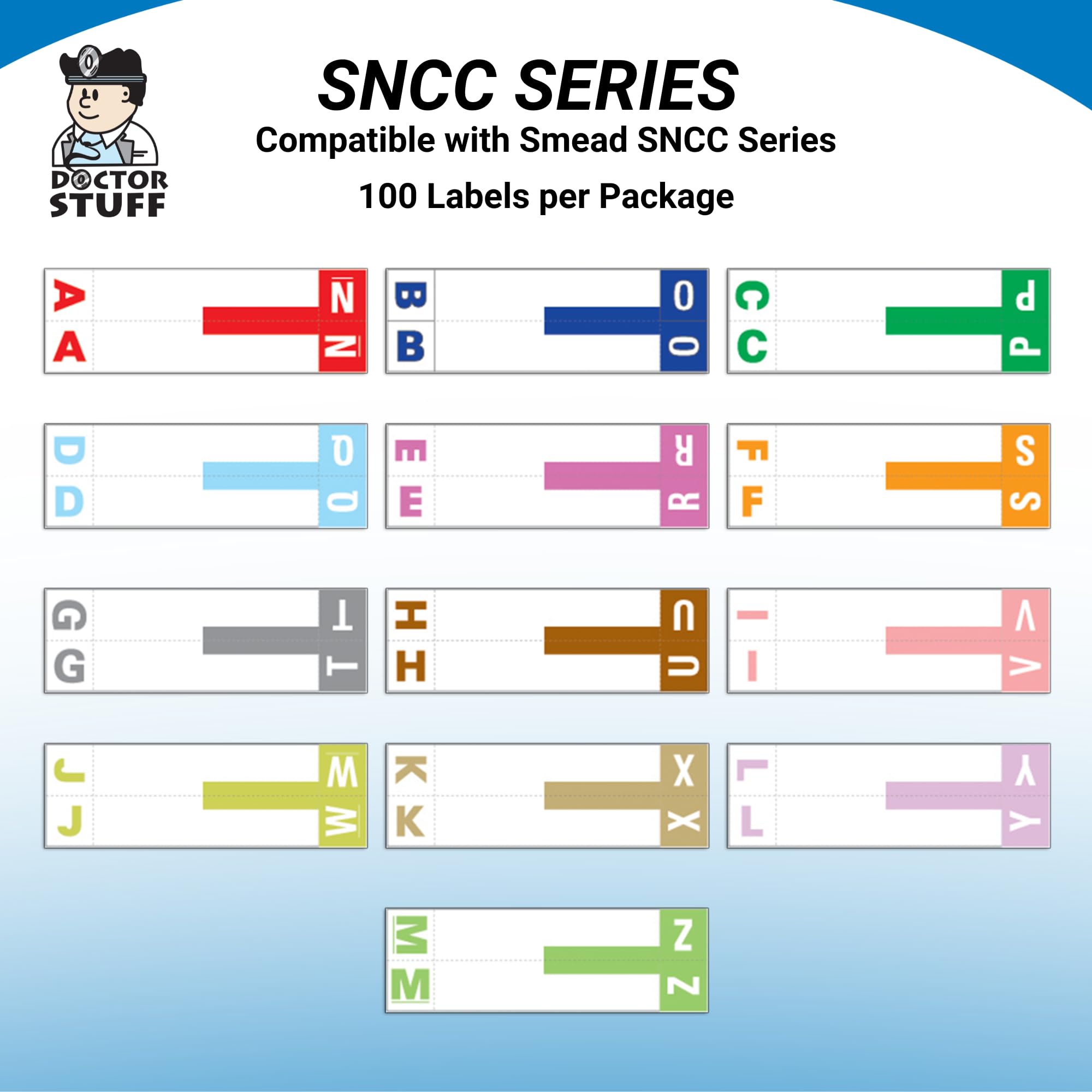 Doctor Stuff - File Folder Labels, Alphabet Letters, D/Q, Compatible with Smead NCC - SNCC Series Alpha Stickers Light Blue, 1-5/32" x 3-5/8, 100/Package