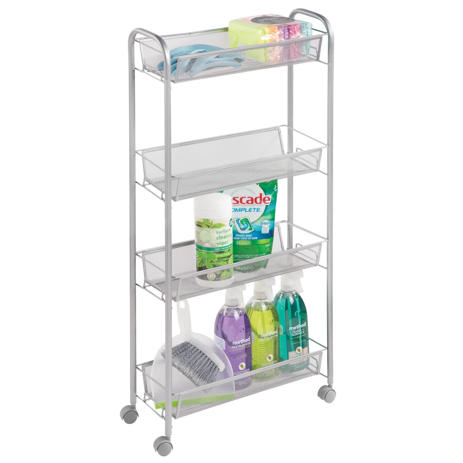 mDesign Slim Steel Metal Rolling Utility Cart Storage Organizer Trolley with 4 Basket Shelves for Laundry Room, Kitchen, Bathroom Organization - Narrow Holder for Detergent - Biro Collection, Silver